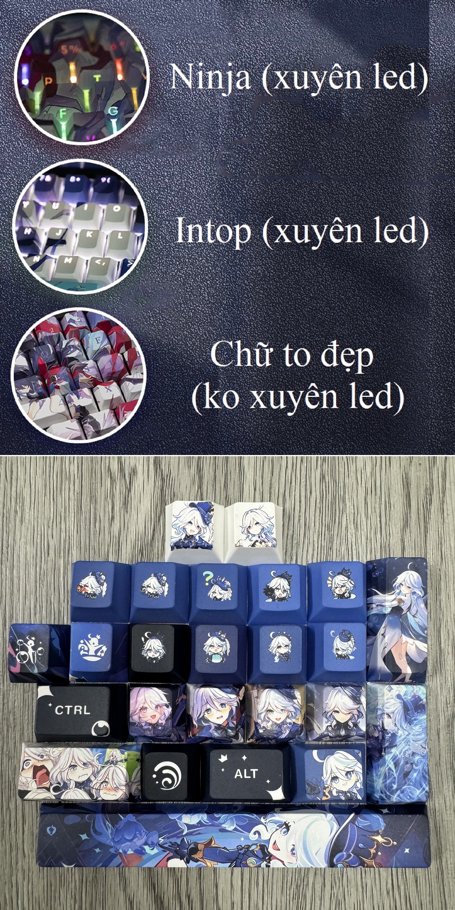 Keycap Genshin Impact Furina Focalors thick PBT xuyên led in dyesub 5 ...
