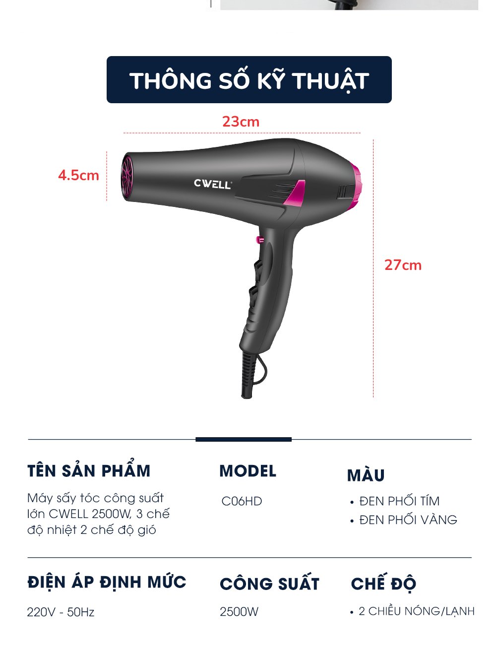 Máy sấy tóc công suất cao CWell 2500W, 3 chế độ nhiệt 2 chế độ gió, tạo ...