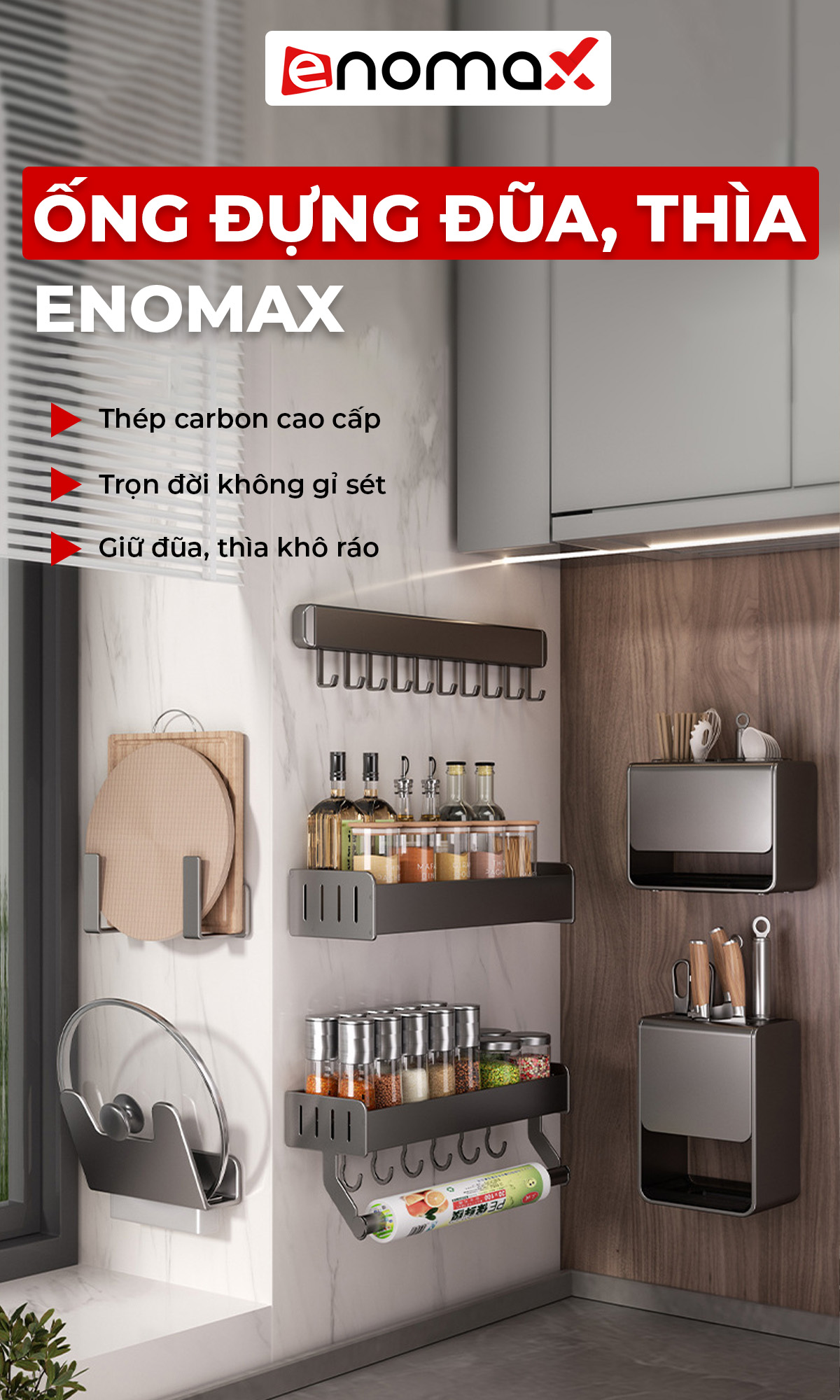Hộp đựng đũa Enomax, đựng muỗng thìa nhà bếp treo tường hoặc để bàn ...