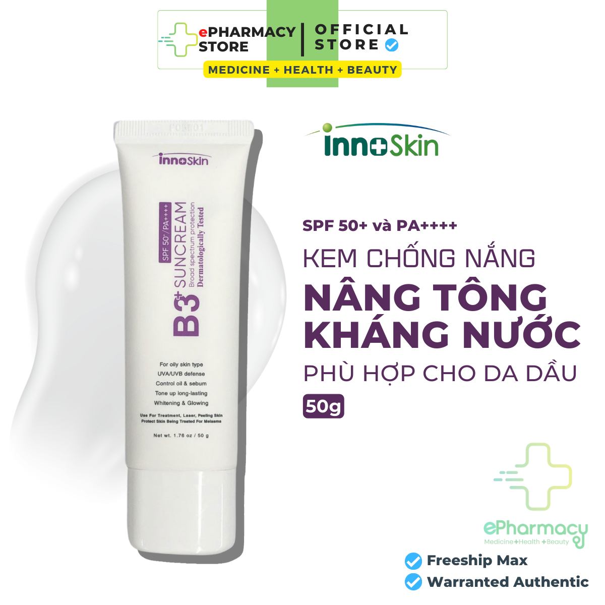 Kem Chống Nắng Innoskin B3+ Suncream SPF50+ PA++++ 50g, Cho Da Dầu (Màu ...