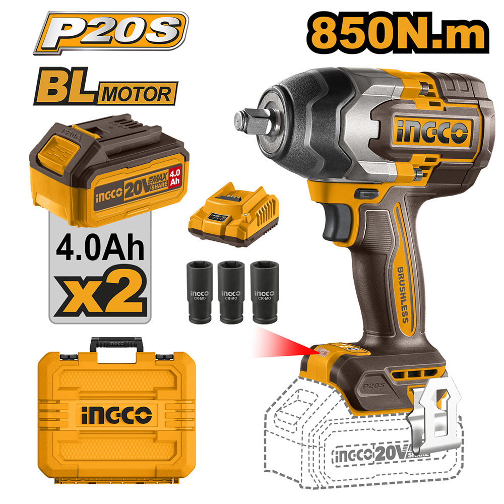 Máy siết bulong INGCO 850NM xe ô tô xe máy xe tải tháo mở ốc bulong pin KHÔNG CHỔI THAN ...