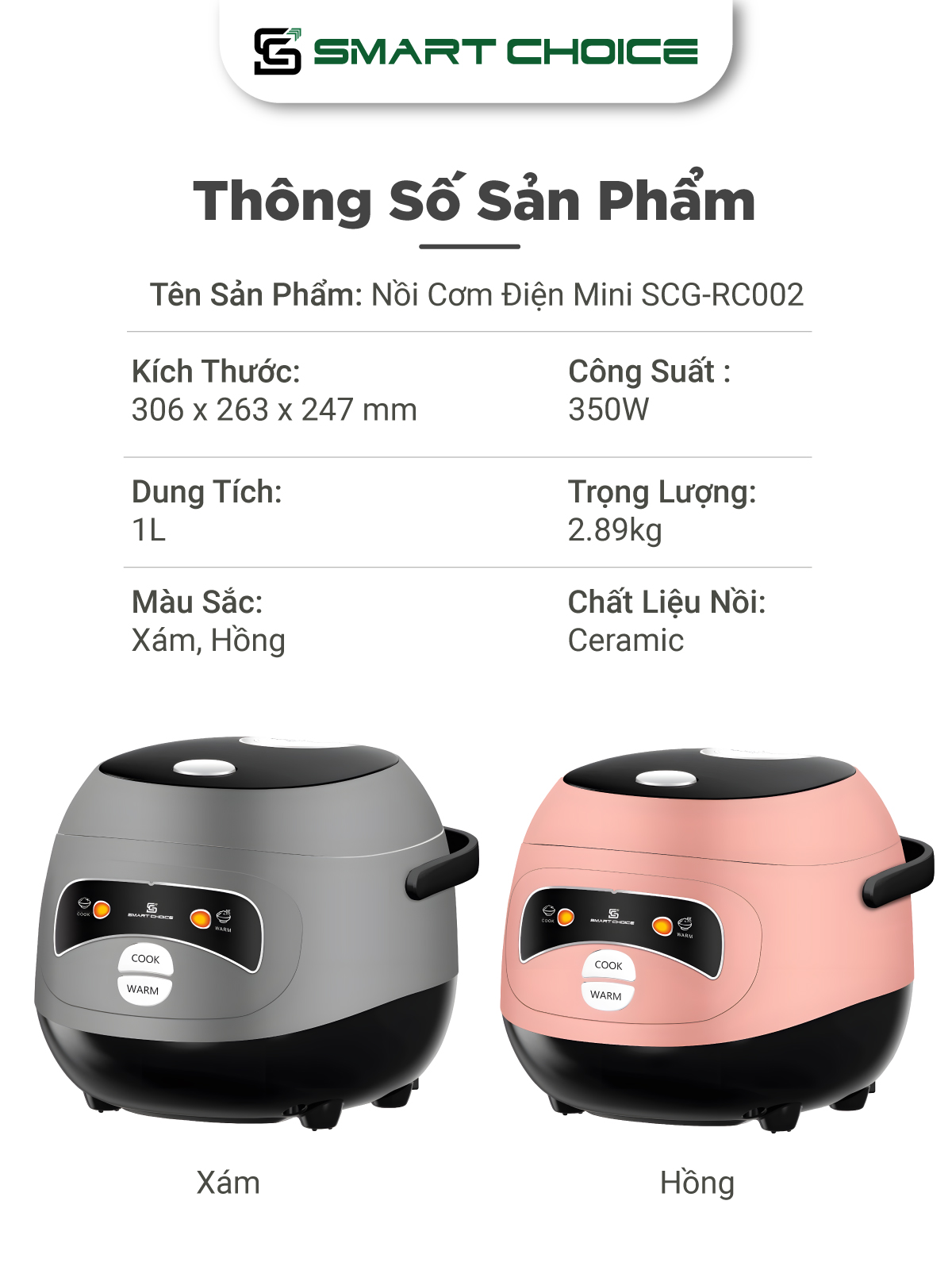Nồi Cơm Điện Mini SmartChoice SCG-RC002 Nồi Cơm Điện 1L 350W Lòng Nồi ...