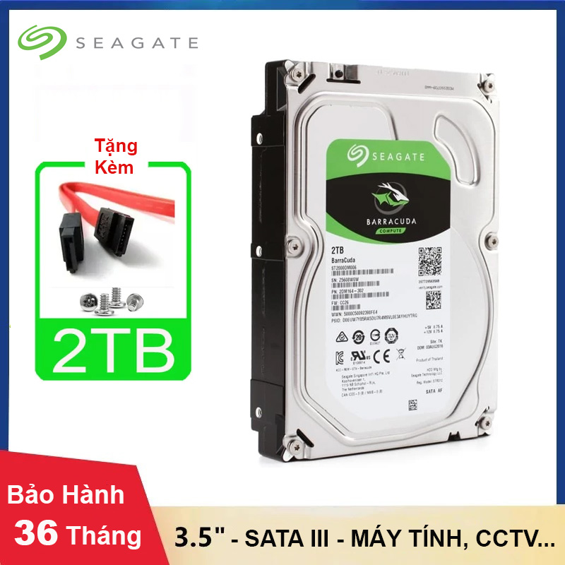 Ổ Cứng HDD Seagate BarraCuda 2TB, 3.5 inch - Vòng quay 7200rpm, Sản phẩm tháo máy, Bảo hành lên ...