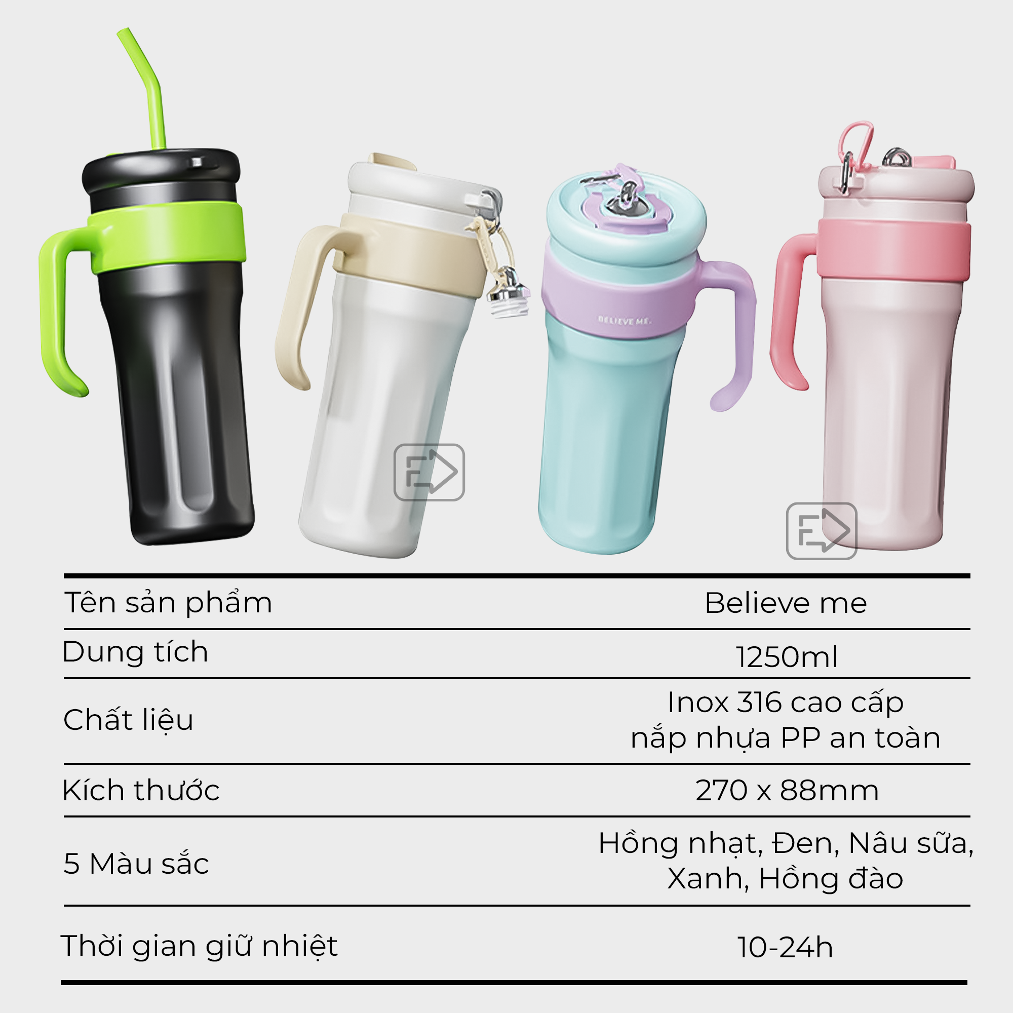 Ly giữ nhiệt Believe Me inox 316 cao cấp, cốc giữ nhiệt 1250ml có ống hút Fan House tặng charm ...