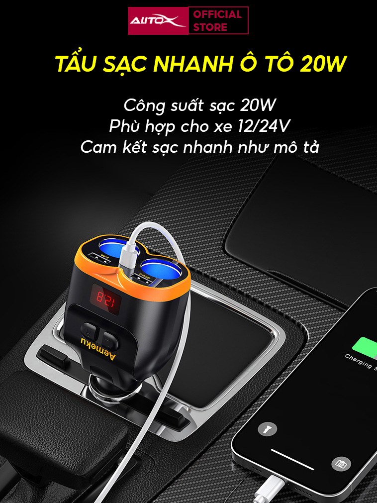 Tẩu sạc nhanh ô tô 20W cao cấp AutoX Bảo hành 12 tháng 5 cổng kết nối thiết kế thông minh tự ...
