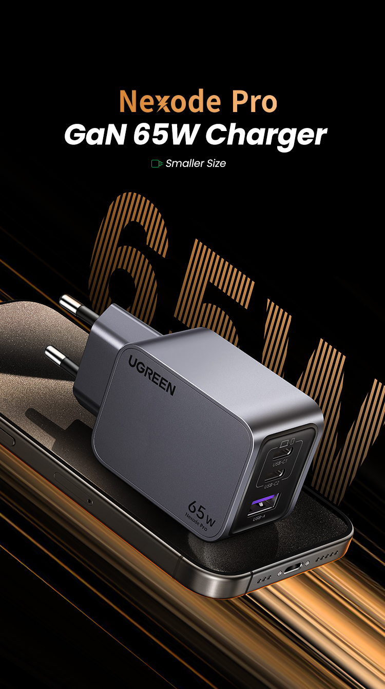 Bộ sạc nhanh Ugreen 65W Nexode GaN Pro | 3 cổng sạc USB-C/USB-A| Kèm cáp sạc nhanh Type-C 100W 1 ...