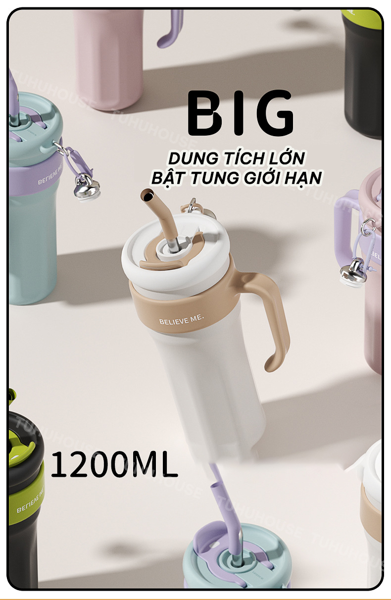 Ly giữ nhiệt khắc tên Believe Me 1250ml có ống hút, ly nước giữ nóng lạnh inox 316 có tay cầm ...