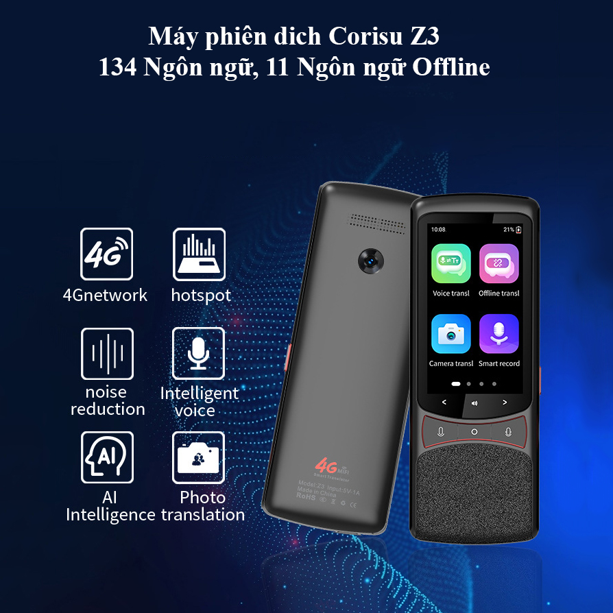 Máy phiên dịch thông minh Corisu Z3 dùng sim 4G, kết nối wifi, dịch offline 11 ngôn ngữ, hỗ trợ ...