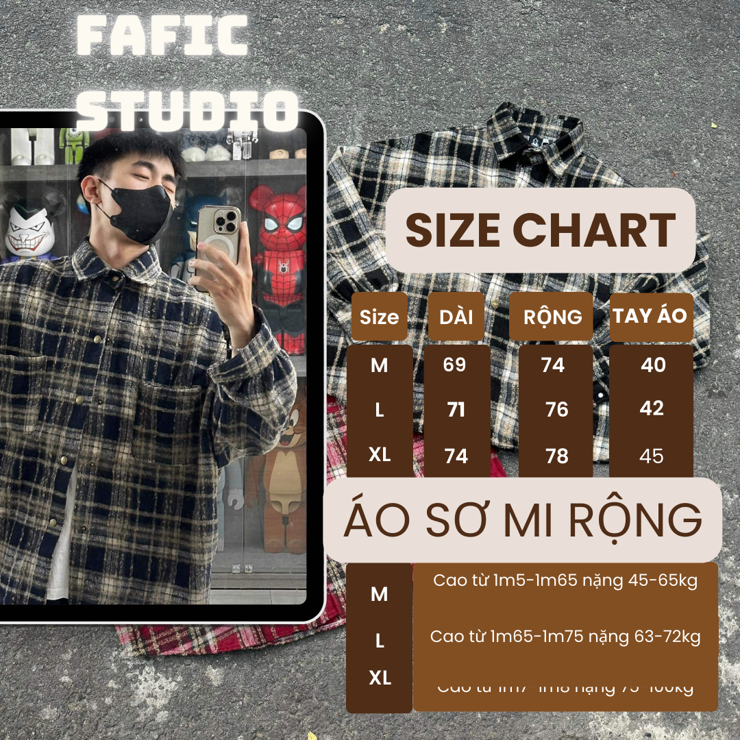 Áo sơ mi tay dài caro flannel FAFIC dày form rộng người, chất vải ...