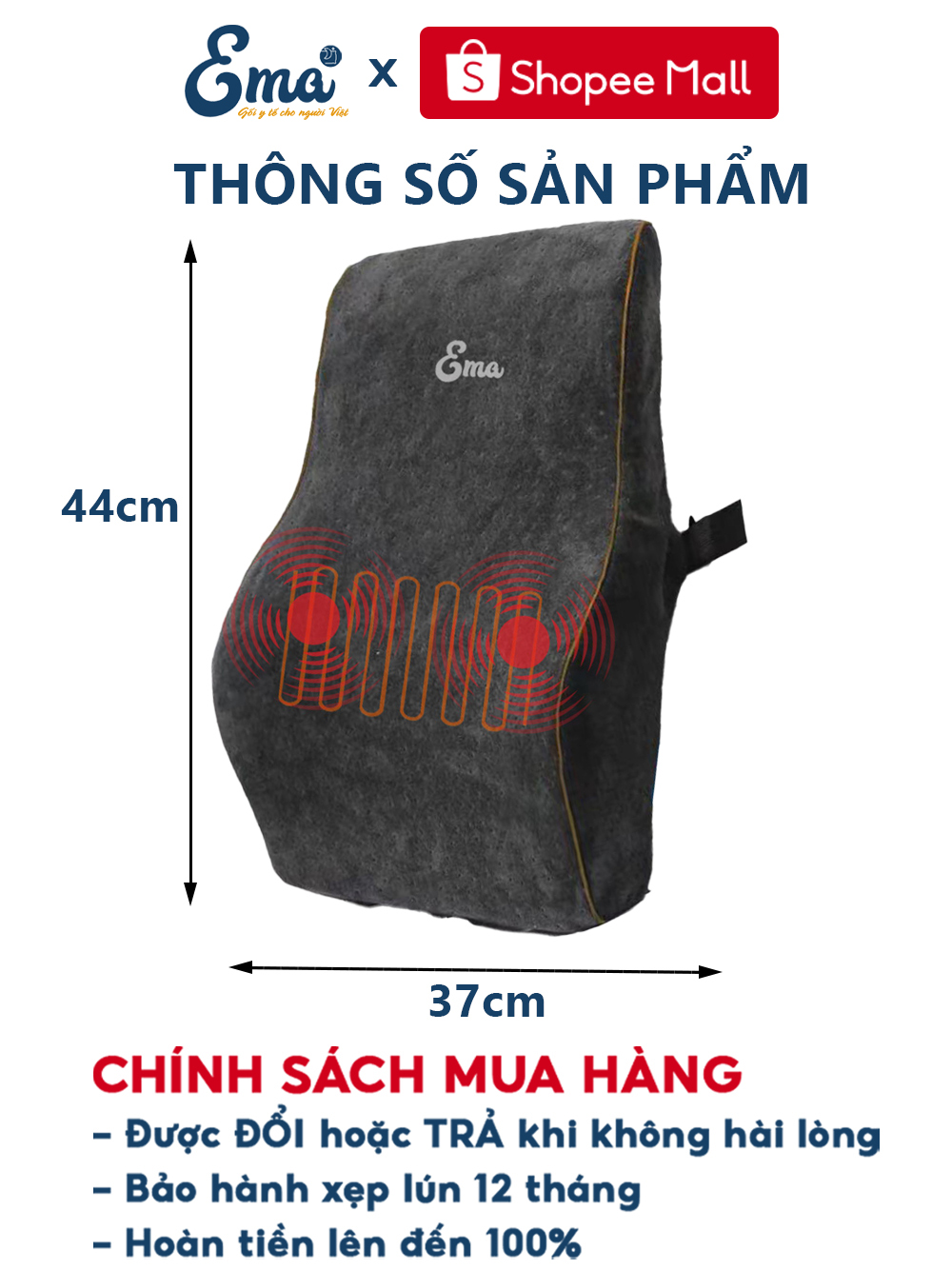 Gối Tựa Lưng Massage Cao Su Non Ema Ôm Trọn Lưng Giúp Thư Giãn Dành Cho Dân Văn Phòng