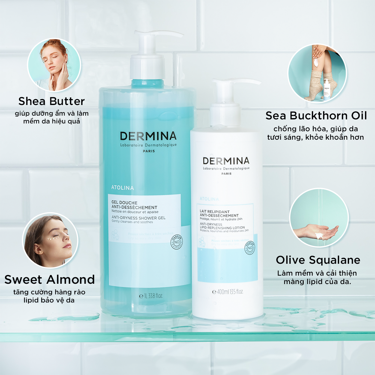 Combo Sữa Tắm Và Kem Dưỡng Body Dermina Atolina Anti-Dryness Shower Gel ...