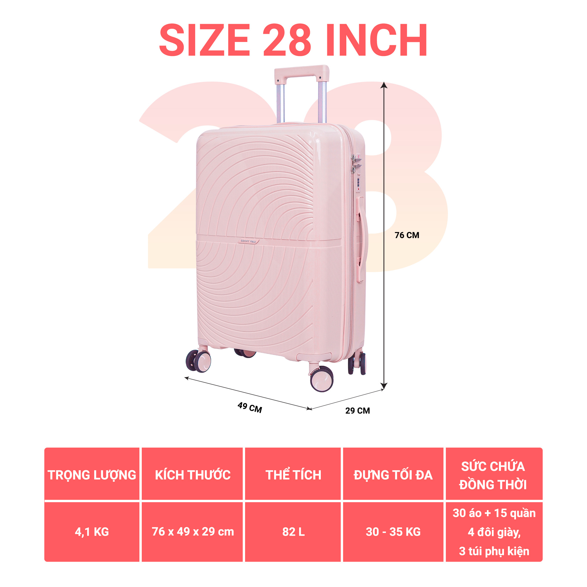 Vali SIZE 28 inch - SUNNY PP11/ROGER - Nhựa PP chống vỡ tuyệt đối, bền ...