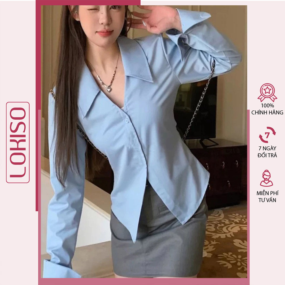 Áo Sơmi Nữ Dáng Ôm Tay Dài Xẻ Cổ Sơmi Công Sở LOKISO SM14 | Shopee Việt Nam