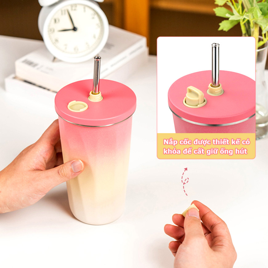 Ly giữ nhiệt Inox 304 2 lớp chân không có nút đậy ống hút 600ml | Shopee Việt Nam