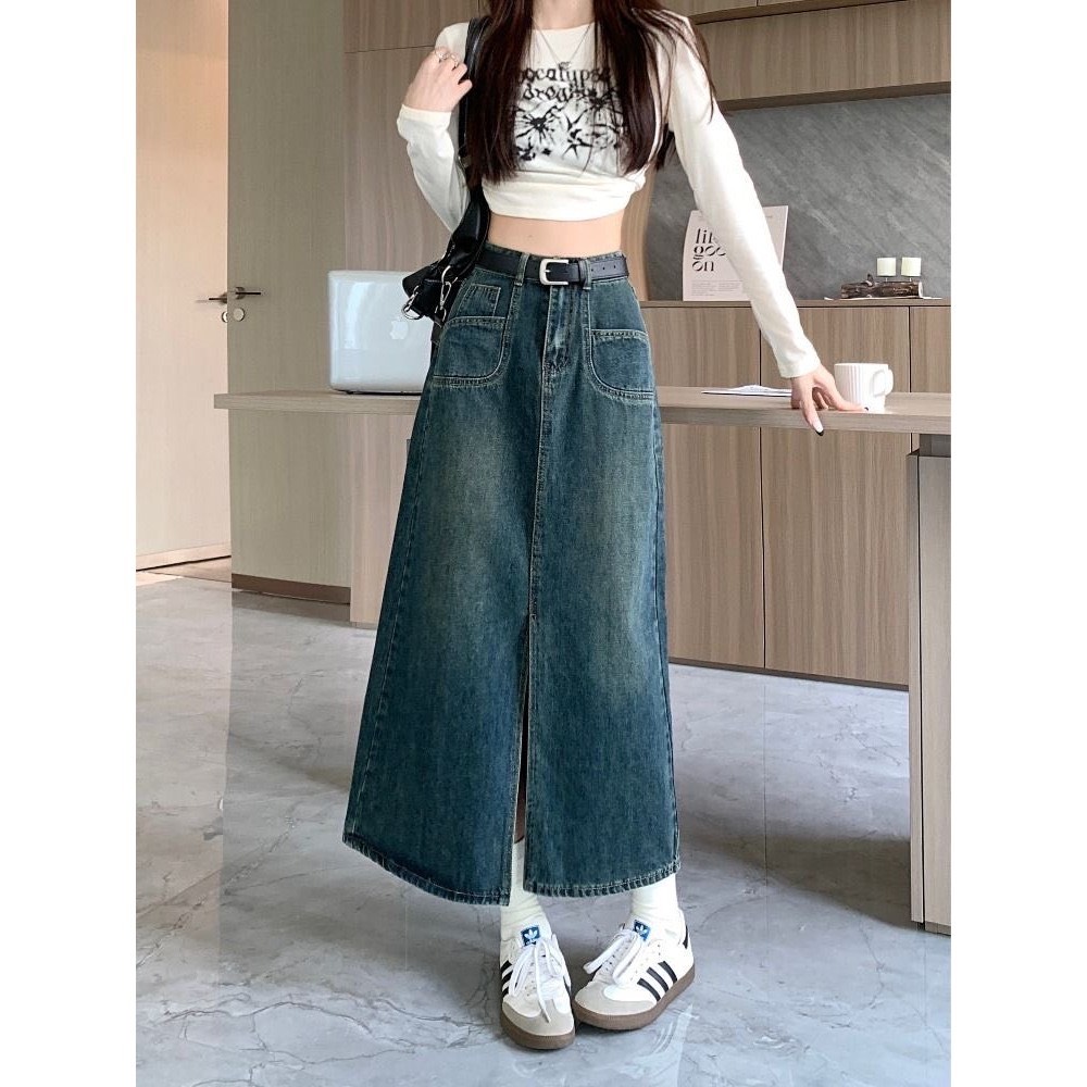 Chân váy demin nữ cạp cao dáng chữ A, chân váy jeans phối 2 túi trước ...