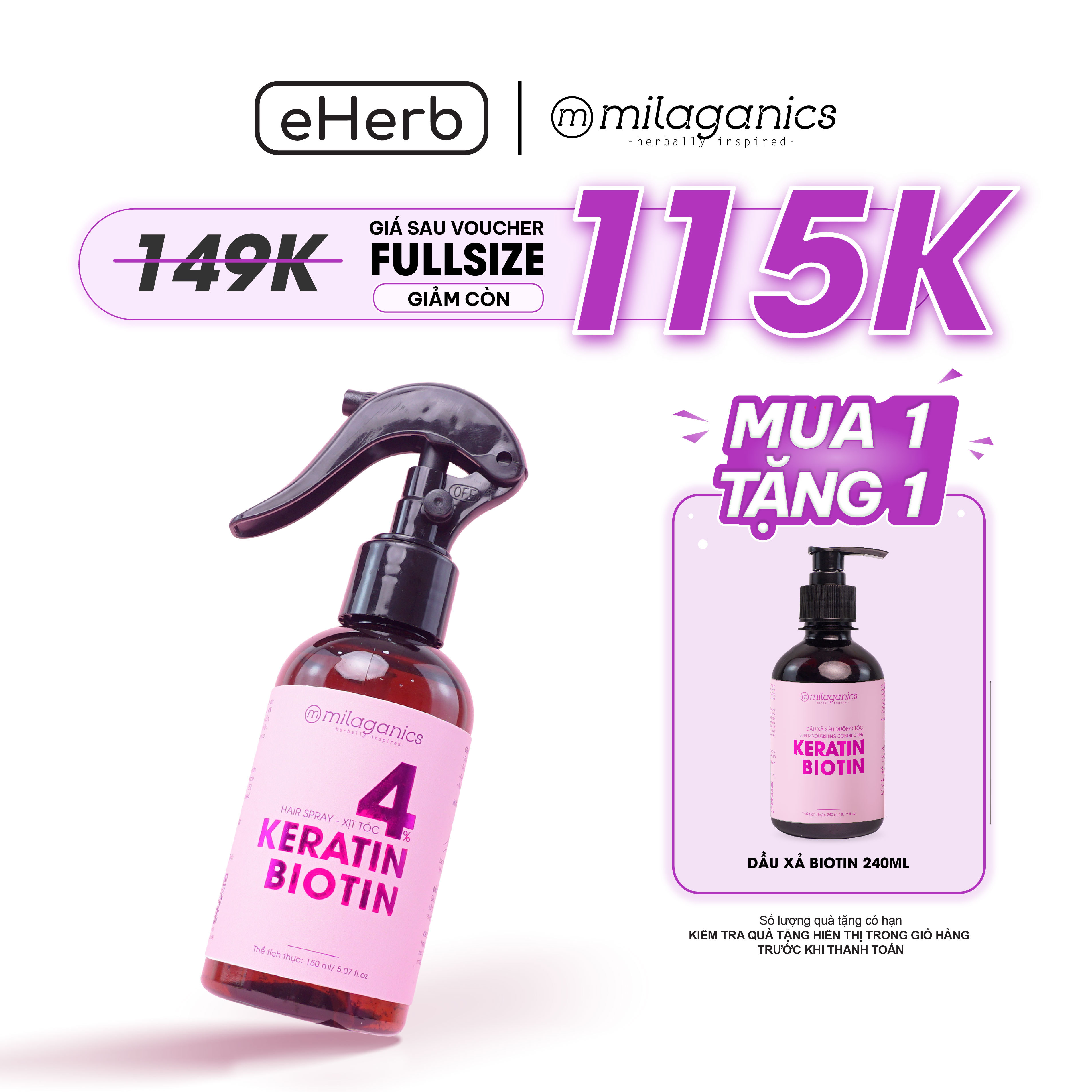 [MUA 1 TẶNG 1 ] Xịt dưỡng tóc Biotin & Keratin phục hồi tóc, tăng cường mọc tóc MILAGANICS 150ml ...