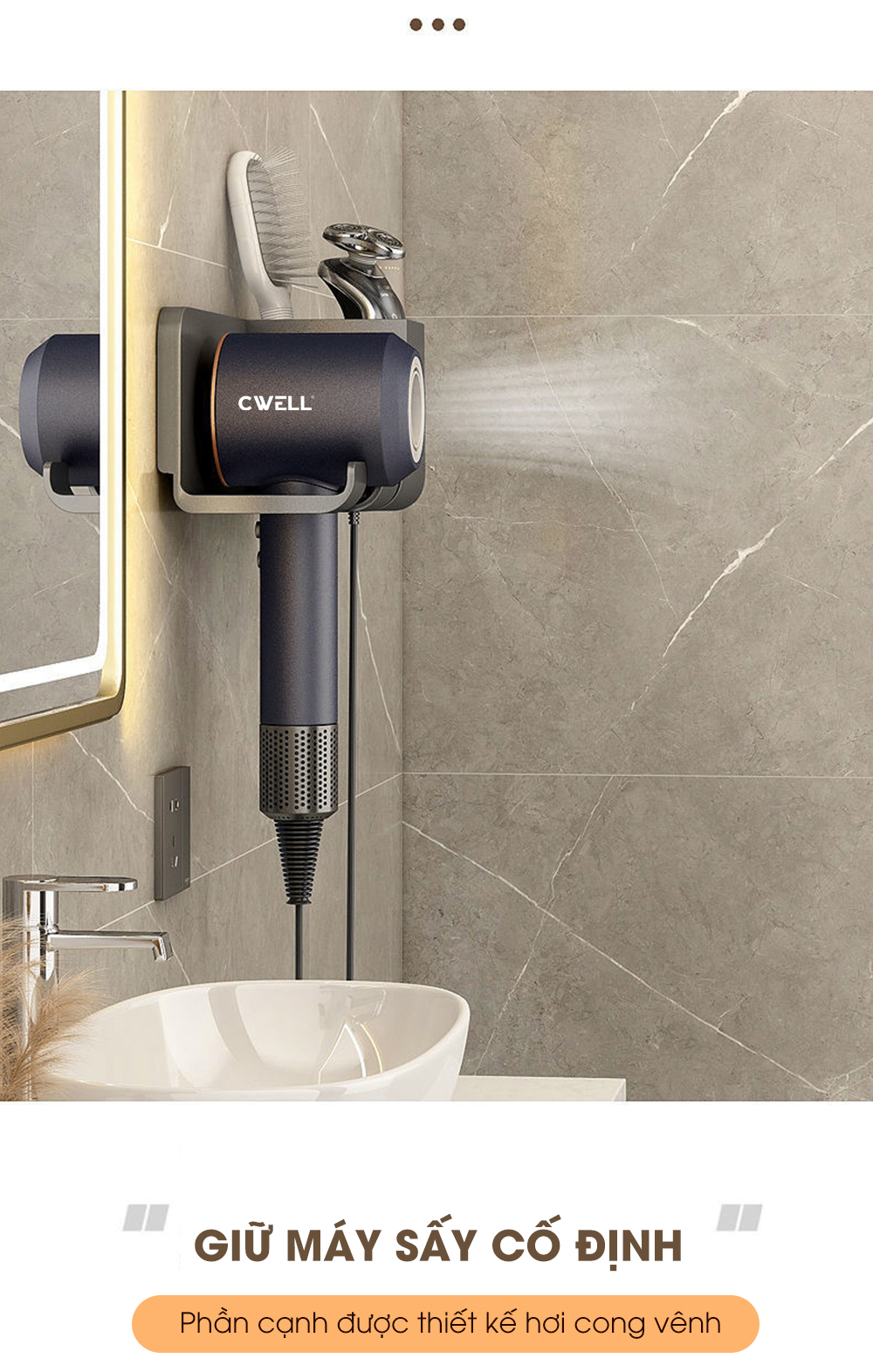 Giá treo, giá đỡ máy sấy tóc dán tường, kèm kệ đựng đồ nhà tắm tiện lợi ...