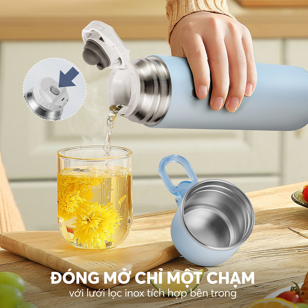 Bình giữ nhiệt inox 316 Elmich EL8315 480ml, Hàng chính hãng, nắp dùng làm cốc, có lưới lọc ...