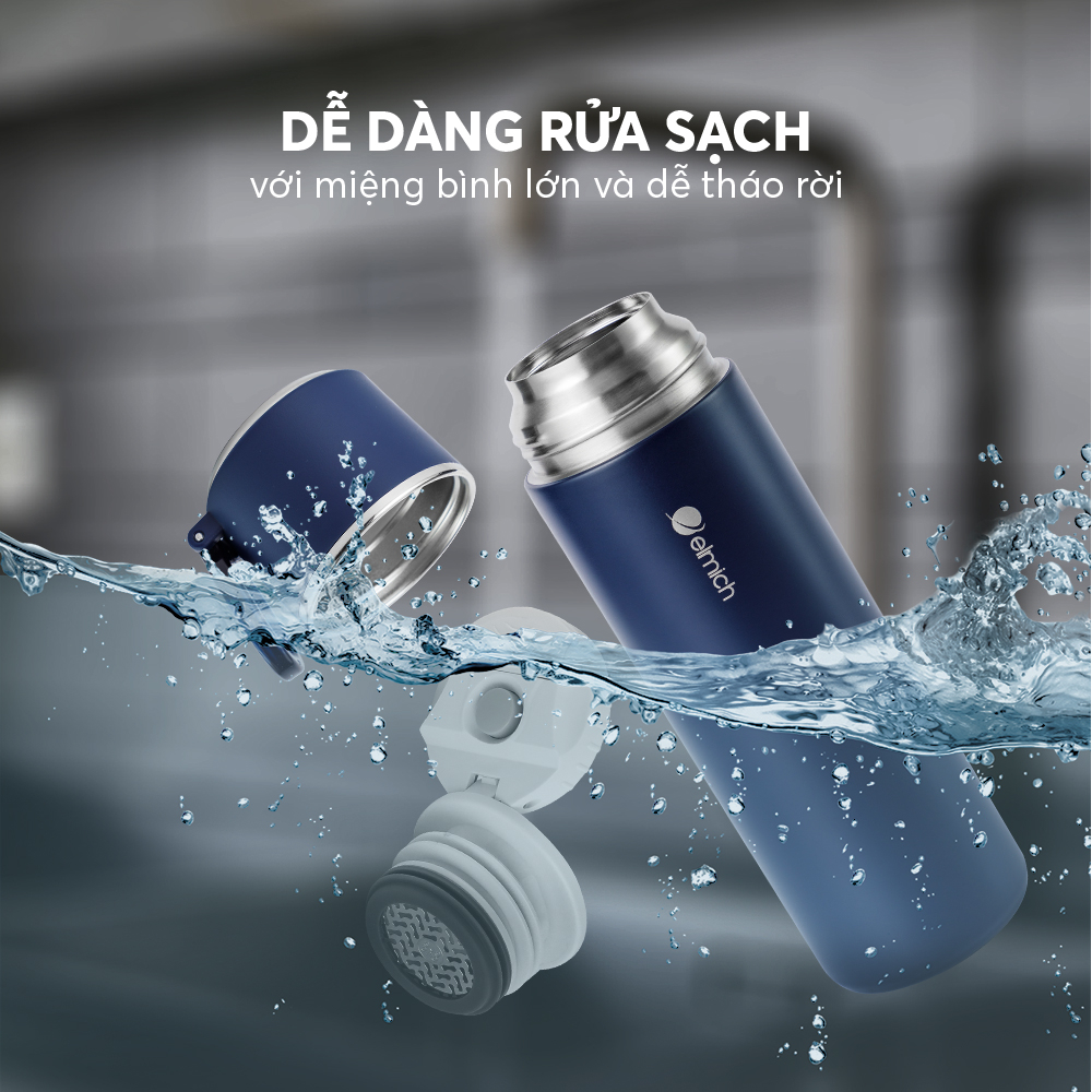 Bình giữ nhiệt inox 316 Elmich EL8315 480ml, Hàng chính hãng, nắp dùng làm cốc, có lưới lọc ...