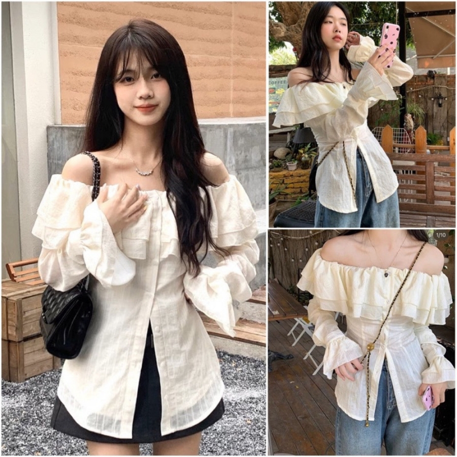 Áo trễ vai tay dài bẹt kiểu ôm bồng xẻ tà chất voan xốp trắng xinh ...