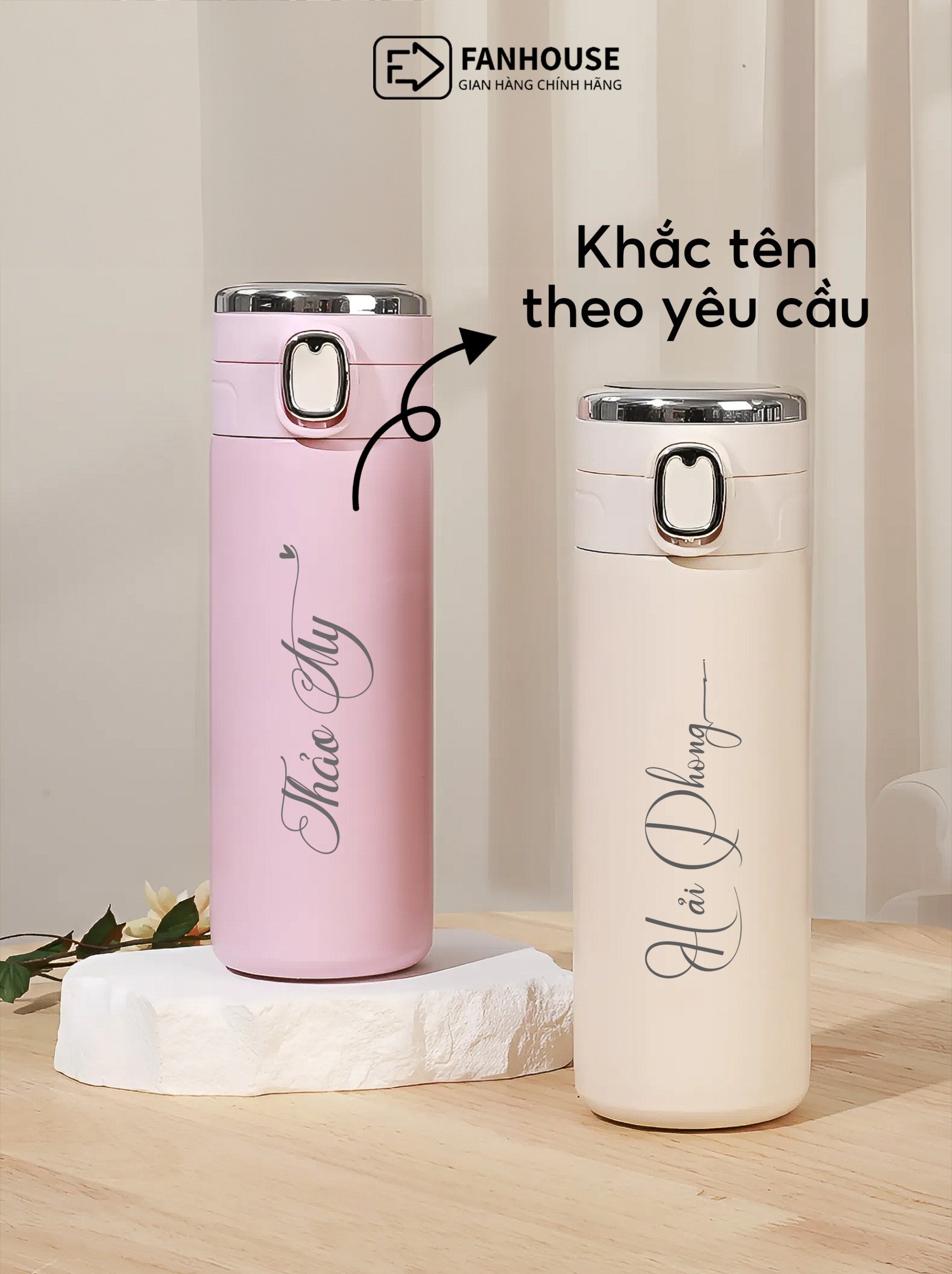 Bình giữ nhiệt khắc tên Fan House 420ml bình nước giữ nhiệt 12h inox 304 có màn hình nhiệt độ ...