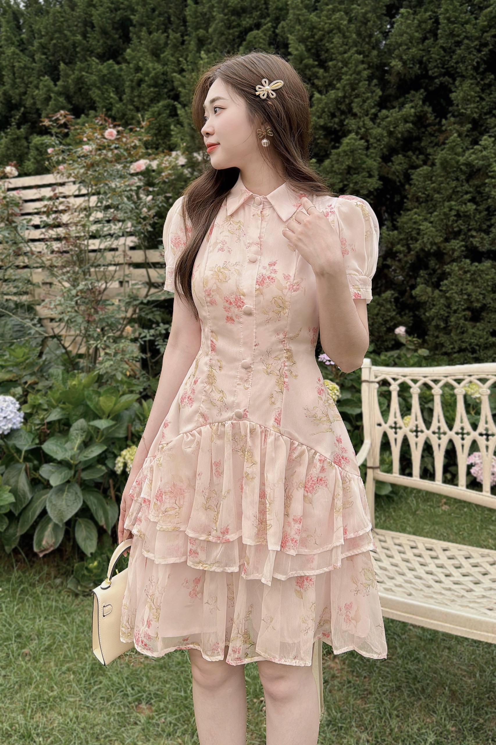 V497 Váy tơ hoa nhí hồng dáng xòe 3 tầng nữ tính [TH Hà Thanh] đầm sơ ...