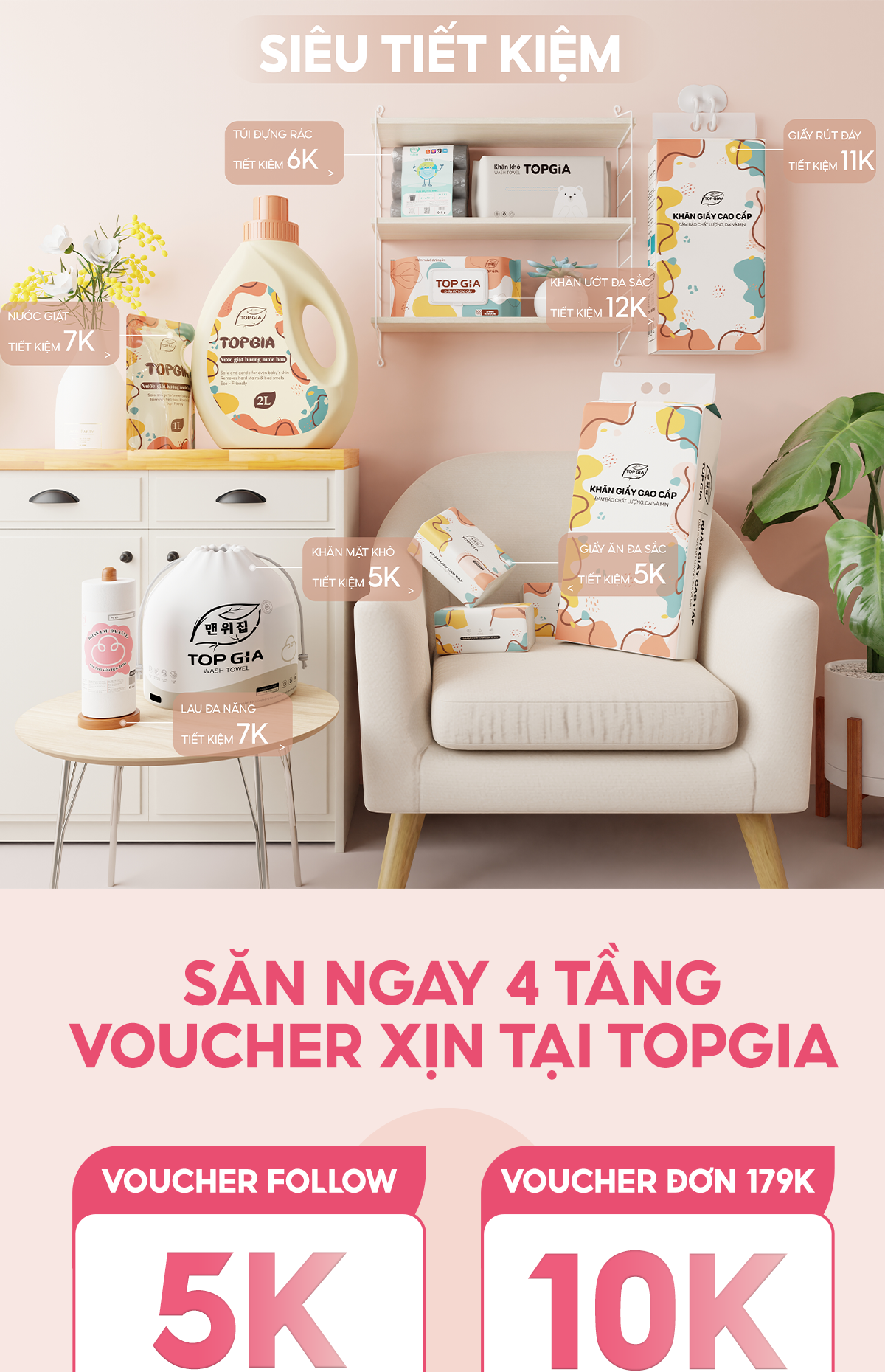 Giấy vệ sinh treo tường Top Gia thùng 6 bịch đa sắc làm từ bột gỗ nguy | 5giay