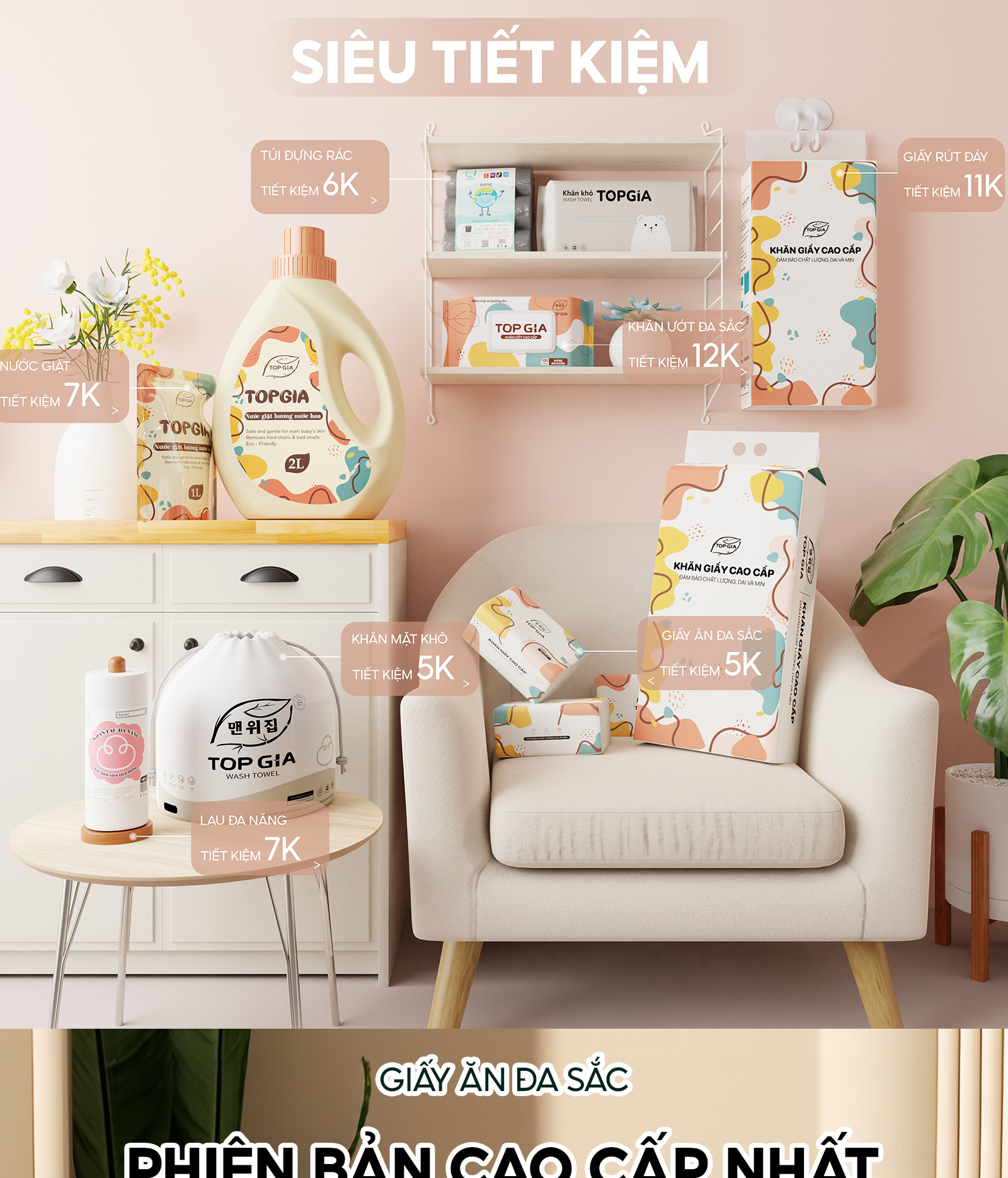 Giấy ăn rút Topgia đa sắc thùng 20 gói gấu trúc 240 tờ 4 lớp dày dặn ...