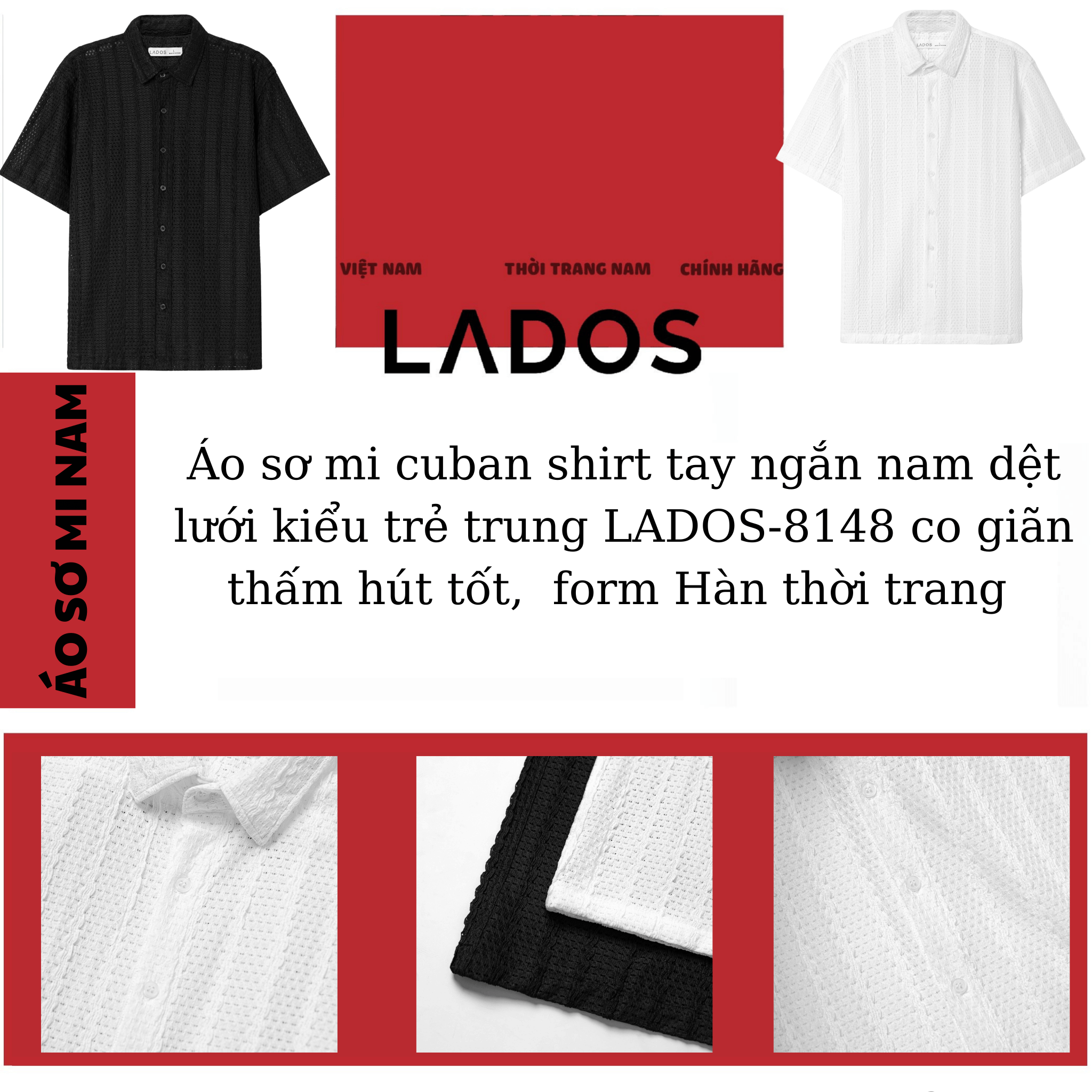 Áo sơ mi cuban shirt tay ngắn nam dệt lưới kiểu trẻ trung LADOS-8148 co ...
