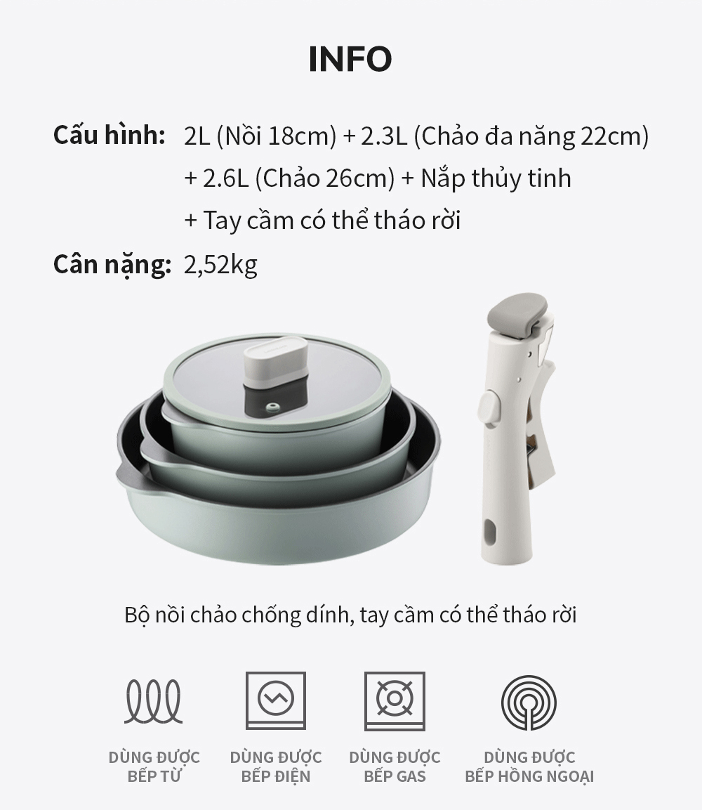 Bộ nồi chảo chống dính bếp từ cao cấp LocknLock tay cầm tháo rời 18 22 ...