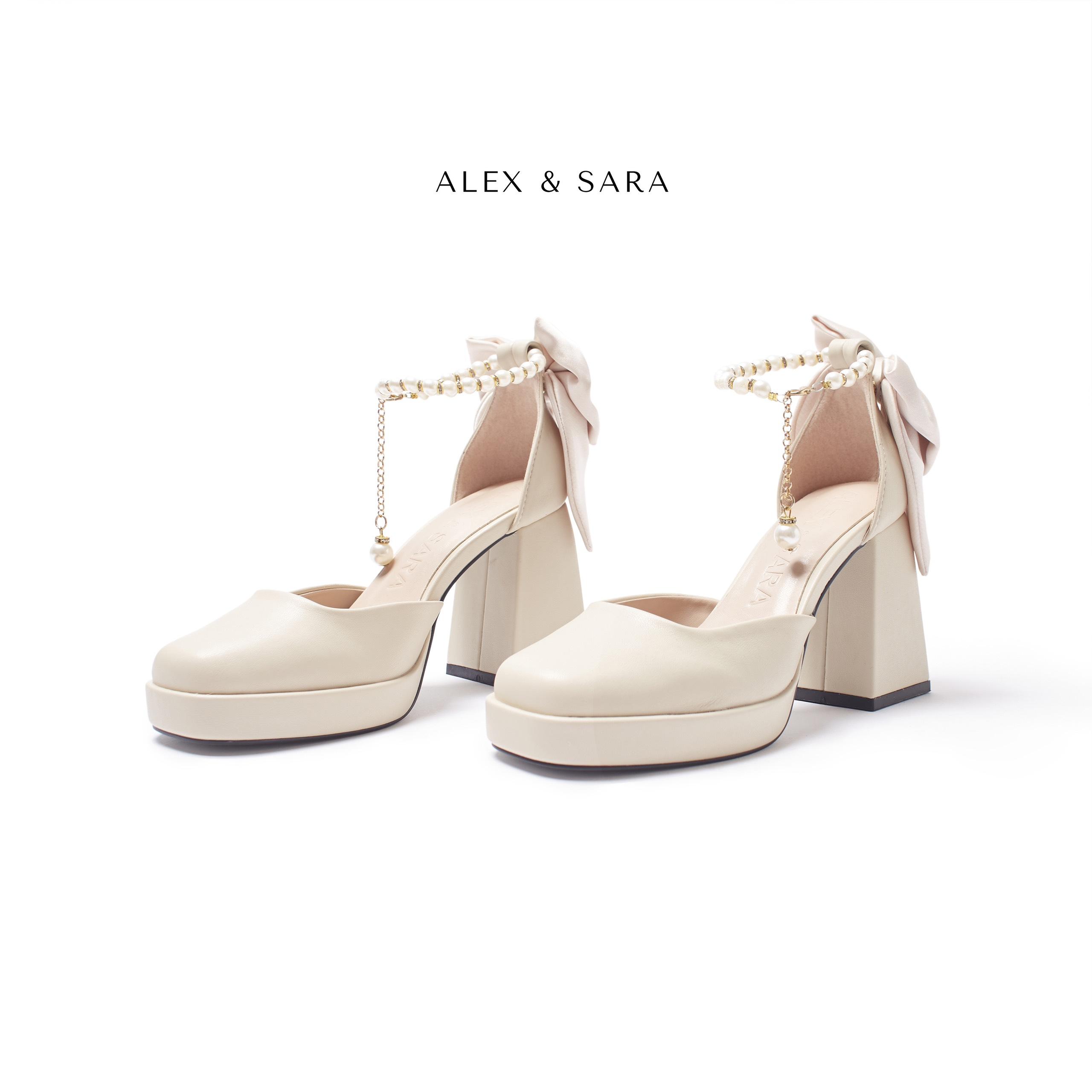 AL442 - Giày cao gót Alex & Sara đế đúp mũi vuông, quai khóa ngọc trai ...