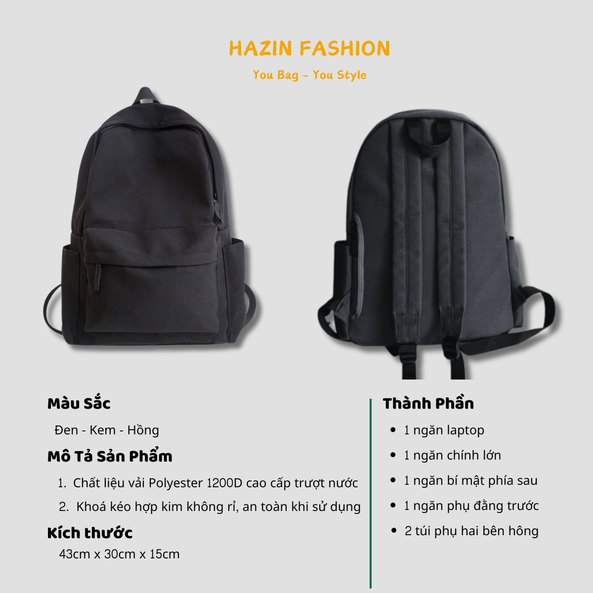 Balo trơn basic đi học HAZIN chống thấm nước đựng vừa laptop 16 inch ...