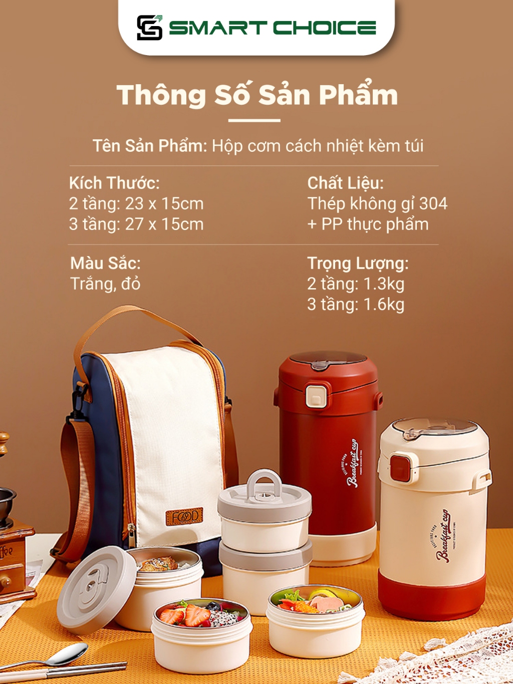 Hộp Cơm Giữ Nhiệt SmartChoice SCG-PK134 Kèm Cặp Lồng Và Túi 2 Màu Be Đỏ Có Quai Đeo Cao Cấp ...