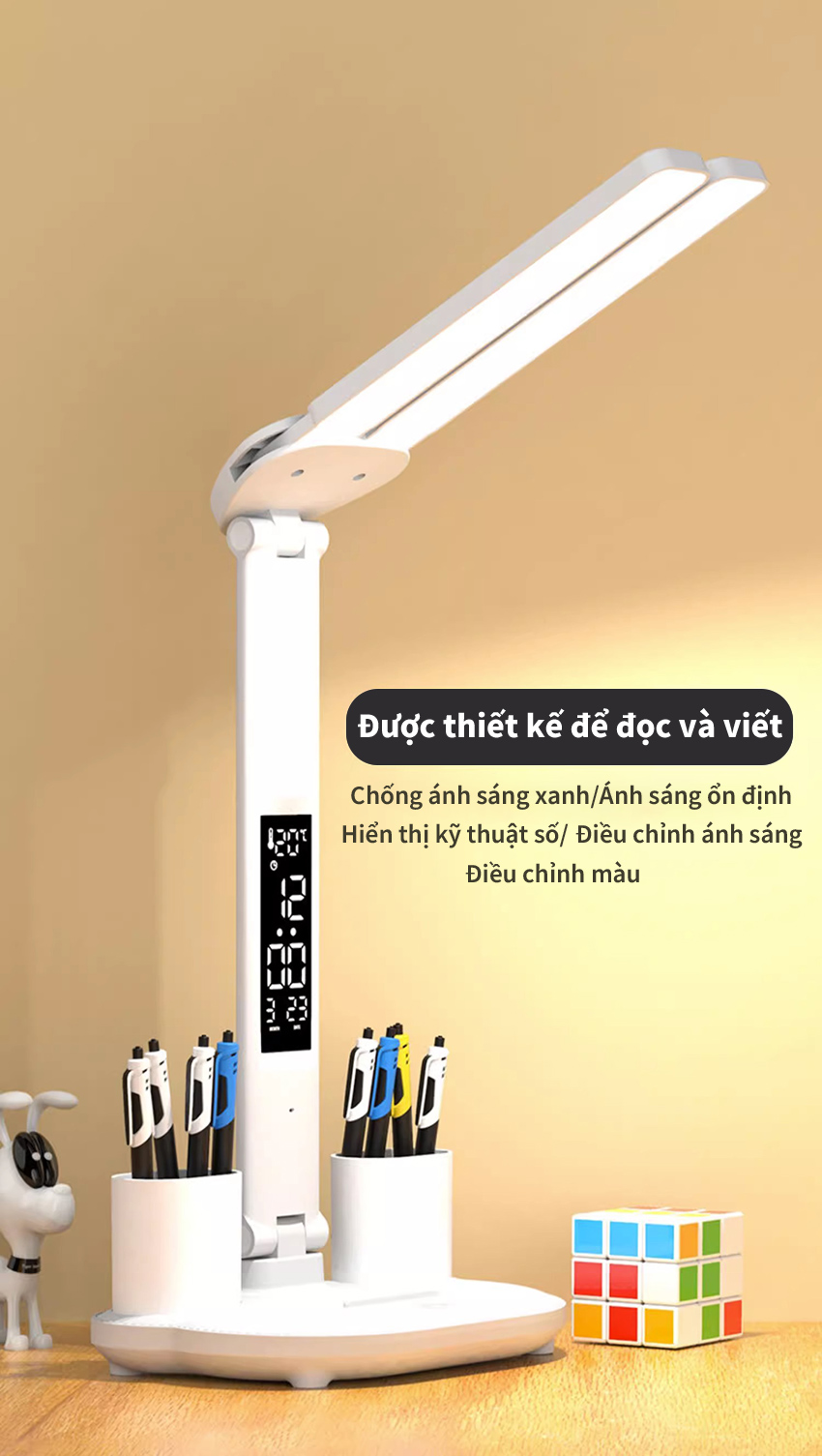 Đèn học để bàn PUPK Đèn bàn 2 bóng sạc tích điện có đồng hồ hiển thị ...