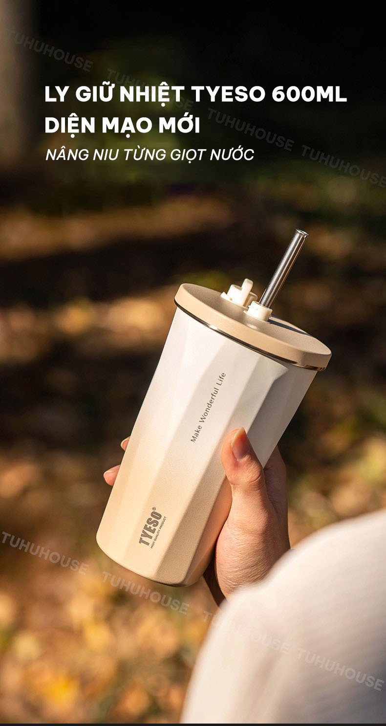 Ly bình giữ nhiệt khắc tên TYESO 600ml inox 304 cao cấp chống gỉ, ly cốc giữ nhiệt có ống hút ...