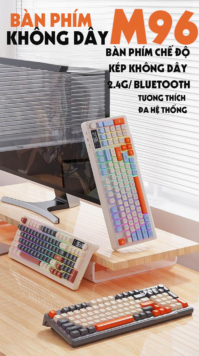 Bàn Phím Không Dây Bluetooth M96 LED 7 Màu Có Màn Hình, 2 Mode, Phím PBT Cao Cấp, Gõ Êm Chống Ồn ...