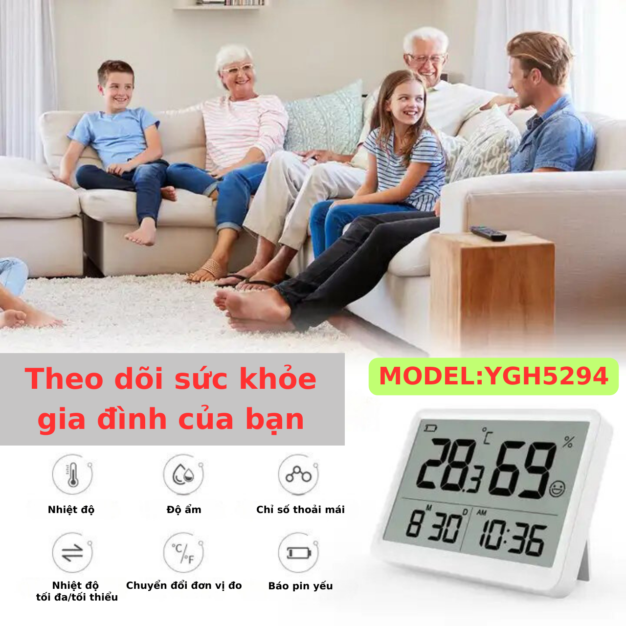 Nhiệt kế phòng, nhiệt ẩm kế điện tử HAPTIME đa năng 3 trong 1 tích hợp ...