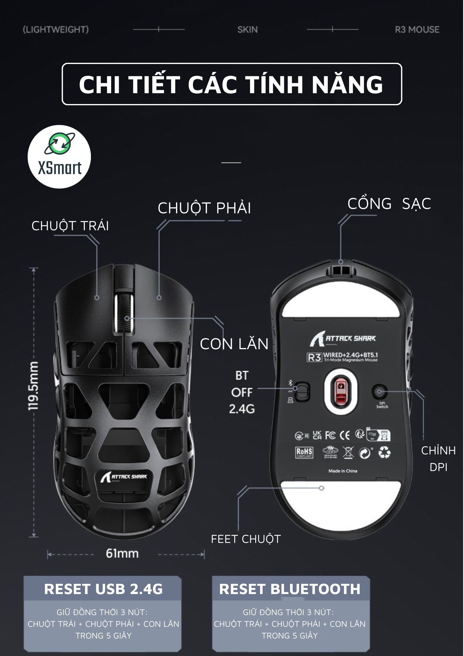 Chuột Bluetooth Attack Shark R3 Hợp Kim Magie Polling Rate 8K Không Dây ...