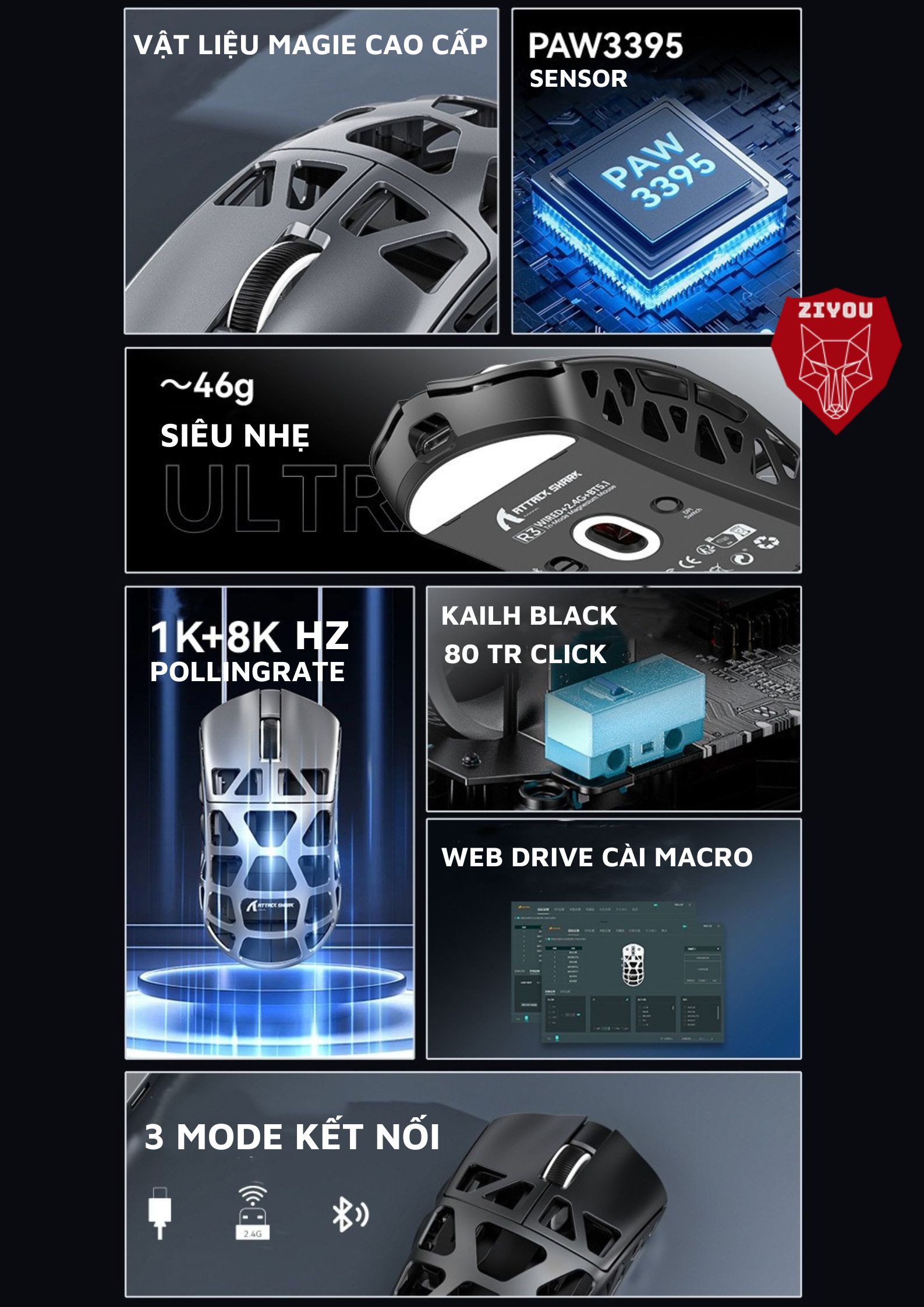 Chuột Máy Tính Bluetooth Không Dây Ziyou Attack Shark R3 Hợp Kim Magie ...