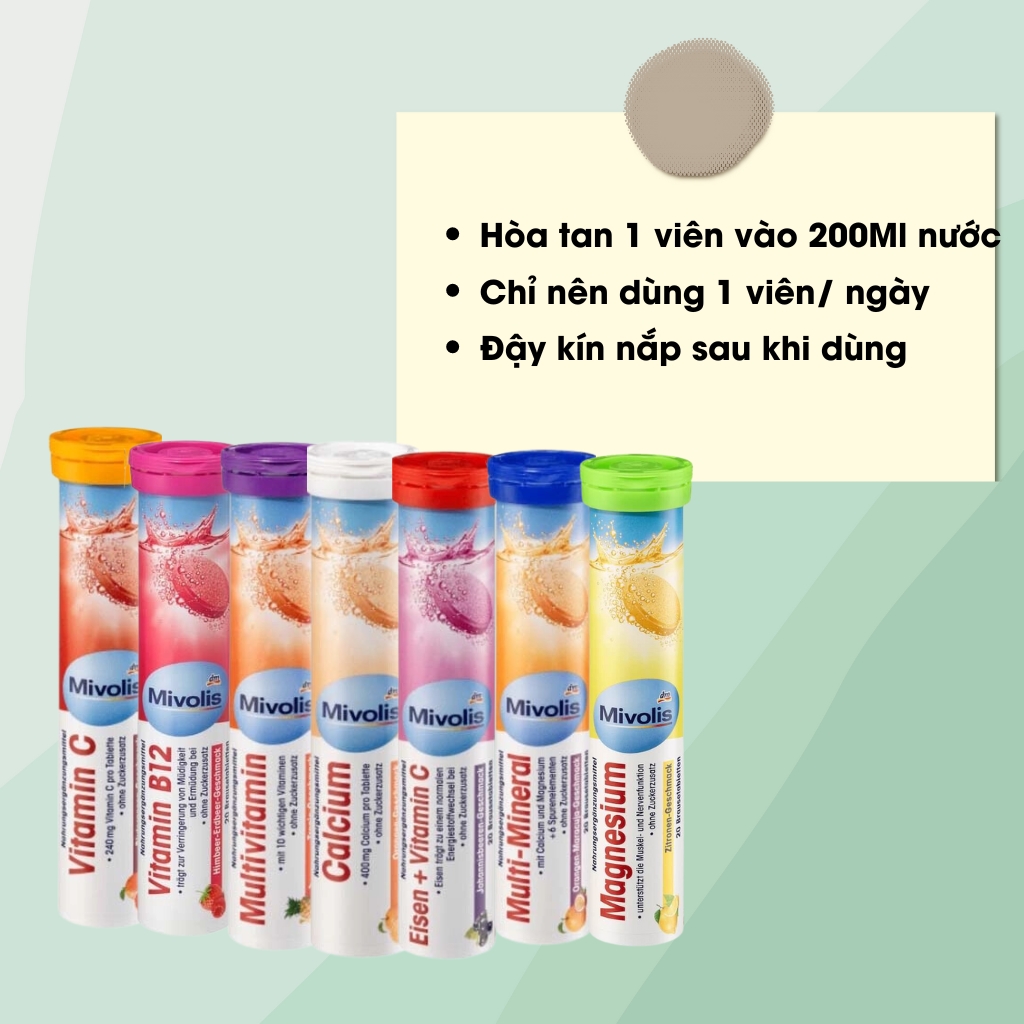Tuýp Viên Sủi Mivolis Đức 20 viên tăng sức đề kháng với thành phần Vitamin C, B12, magie, canxi ...