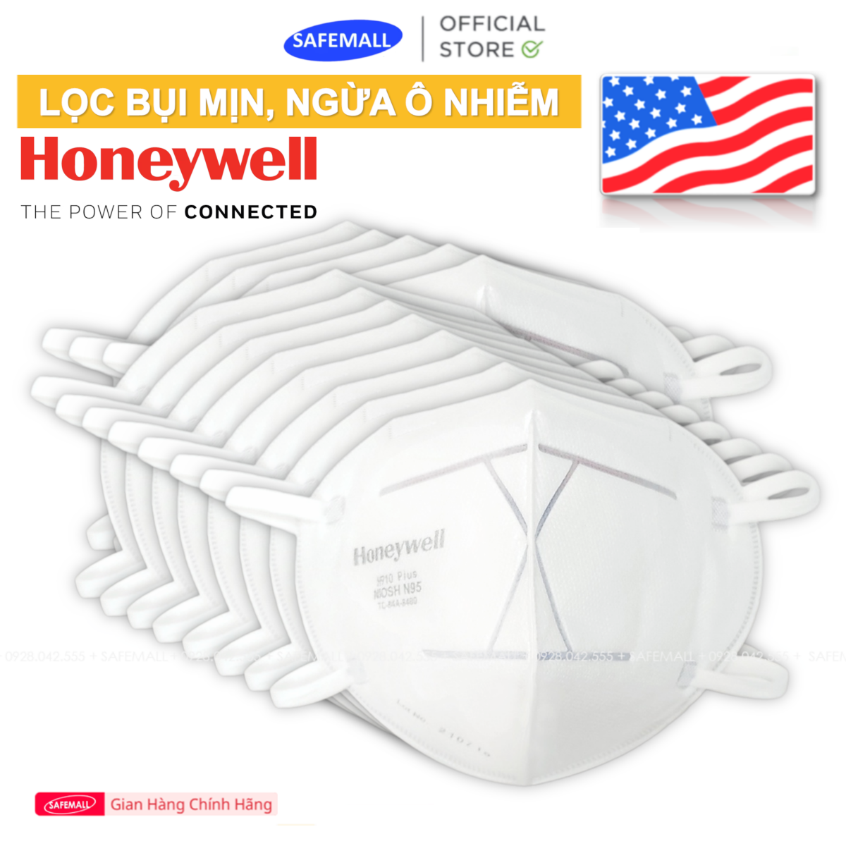 Hộp 50 chiếc khẩu trang Honeywell H910 Plus tiêu chuẩn N95 Mỹ, lọc bui siêu mịn PM2.5, chống ô ...