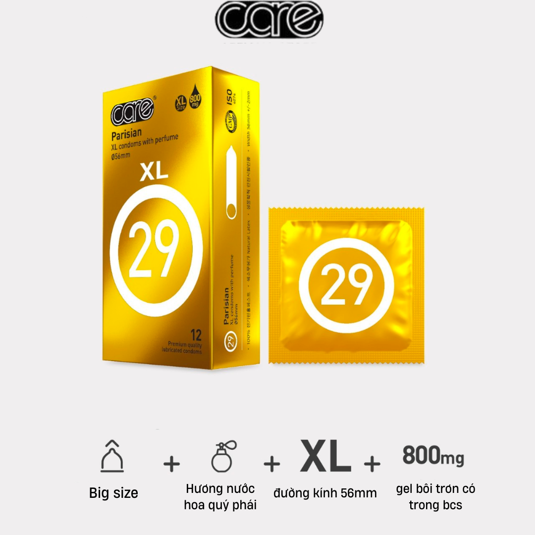 bao cao su size to,bcs 55mm - 56mm CARE 29 bcs big size hương nước hoa, nhiều gel, kéo dài thời ...