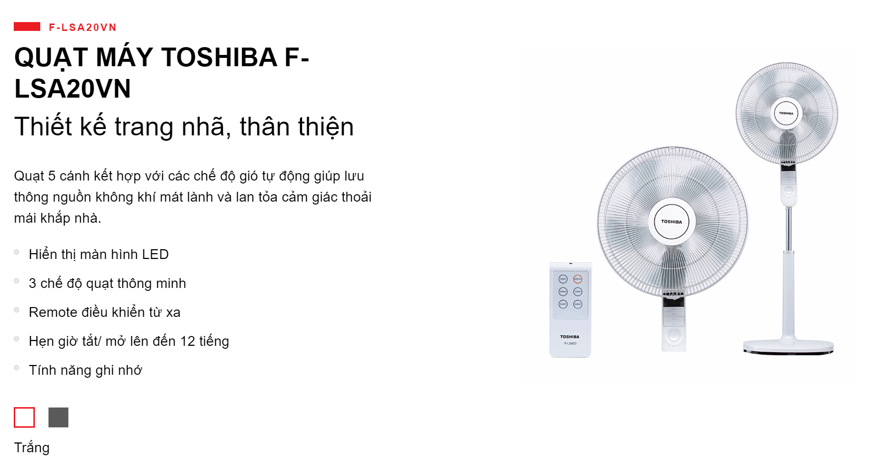 Quạt Đứng Toshiba F-LSA20(W)VN 5 Cánh - Điều Khiển Từ Xa, Chế Độ Gió Tự ...
