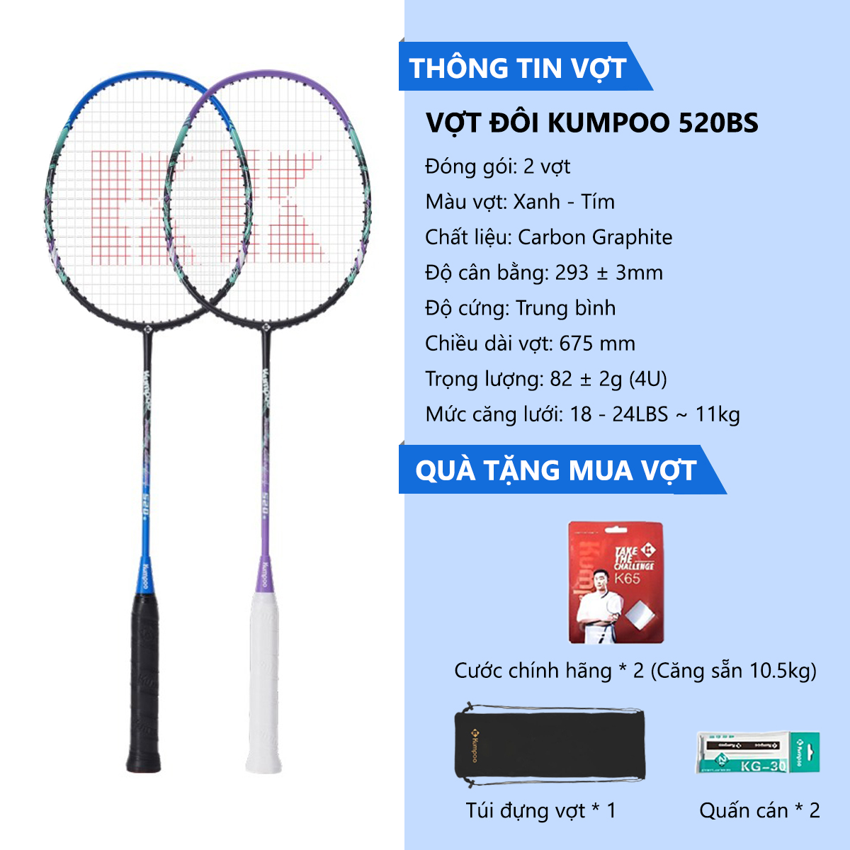 Bộ 2 chiếc vợt cầu lông Kumpoo K520A, 520BS, CA-06, vợt đôi carbon căng sẵn 10kg cho người mới ...
