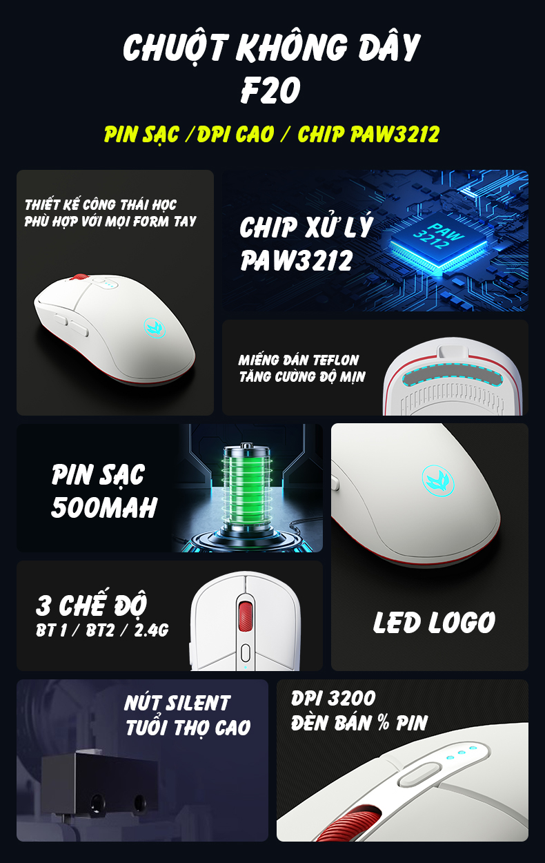 Chuột Máy Tính không dây Bluetooth siêu nhẹ F20 Siêu Chip PAW3212 , DPI ...