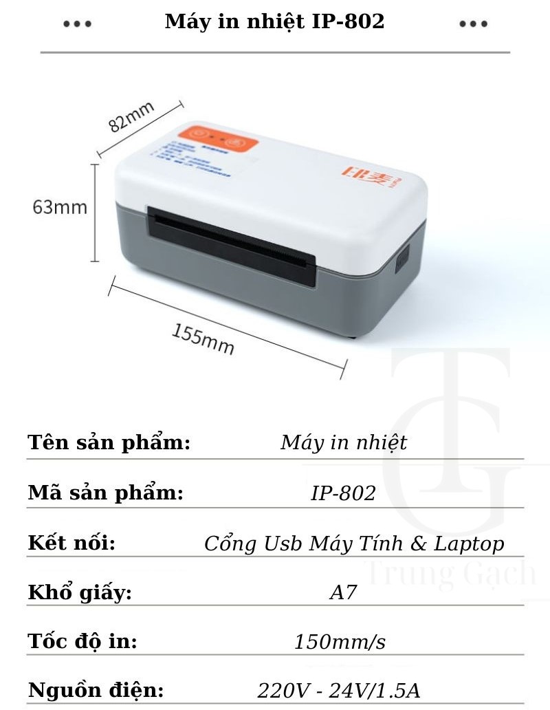 Máy in nhiệt IP-802, kết nối Bluetooth, khổ A7, độ phân giải 203dpi, in đơn hàng TMĐT, mã vạch ...