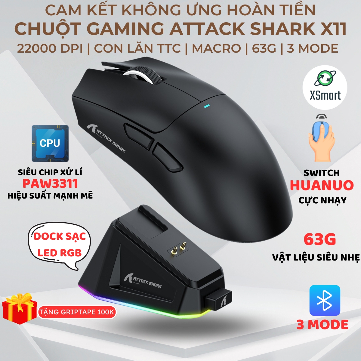 Chuột Gaming Không Dây Bluetooth Attack Shark X11 Chip PRO PAW3311 Có Dock Sạc LED, 22000 DPI ...