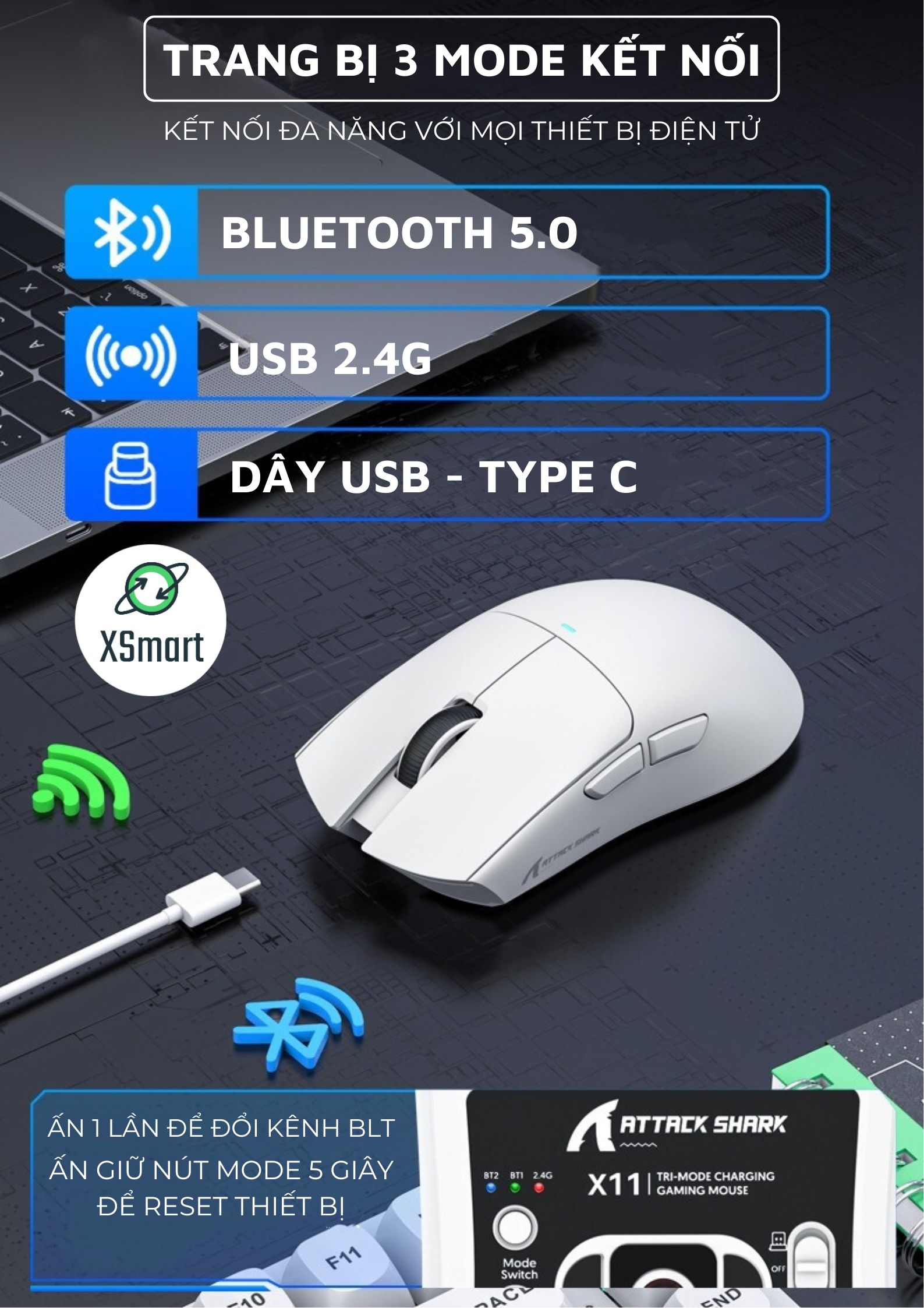Chuột Gaming Không Dây Bluetooth Attack Shark X11 Chip PRO PAW3311 Có ...