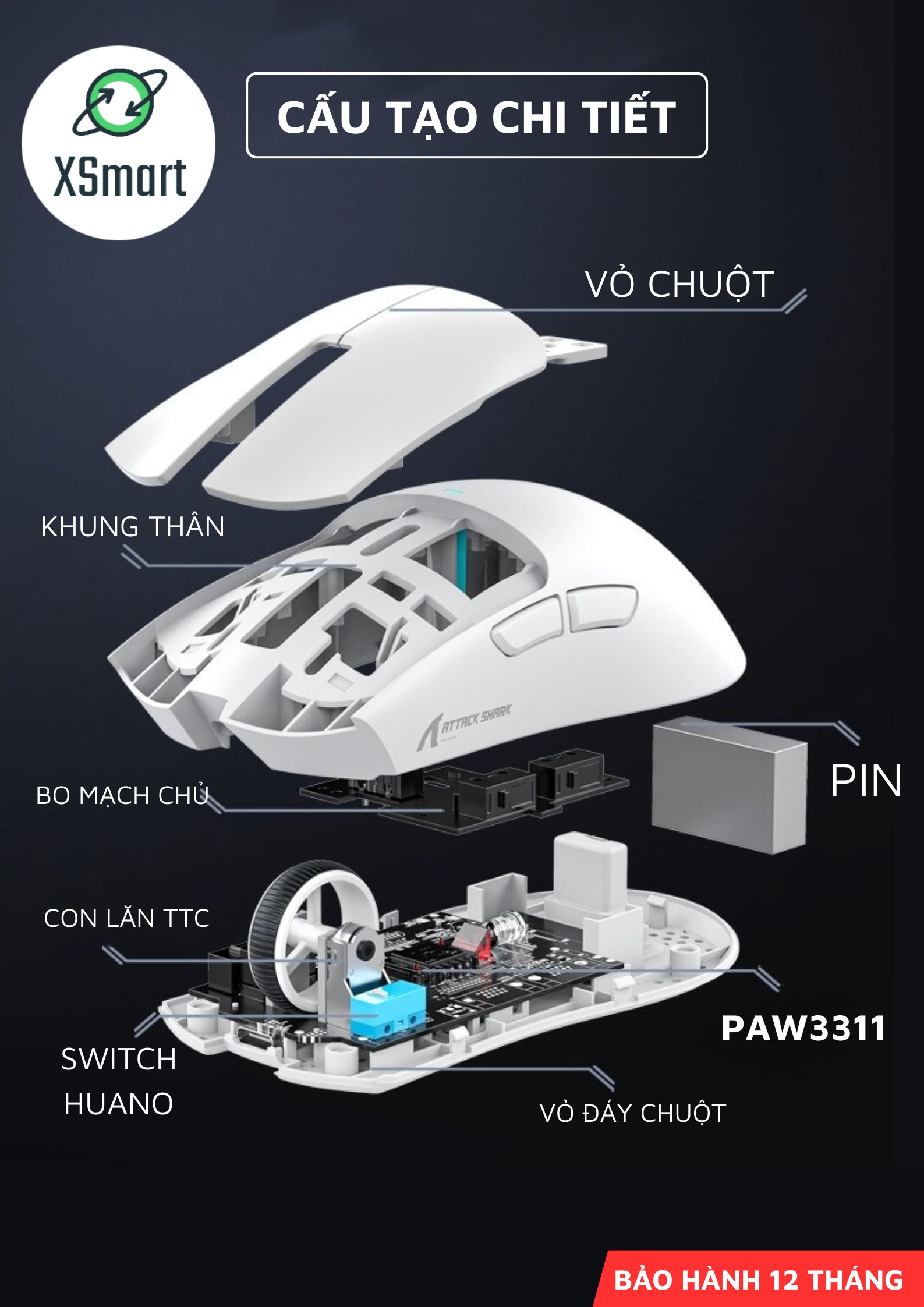 Chuột Gaming Không Dây Bluetooth Attack Shark X11 Chip PRO PAW3311 Có ...