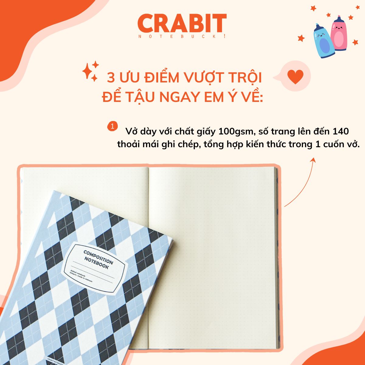 Vở Bìa Cứng Dot Grid Kẻ Ngang tập học sinh 100gsm Crabit Composition ...